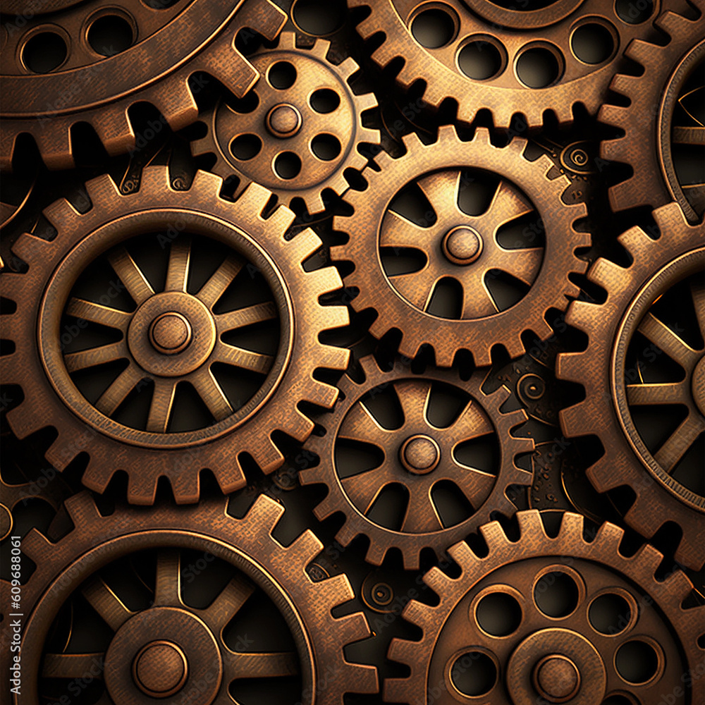 Vintage rusty gears, square steampunk industrial background. Dark gold ...