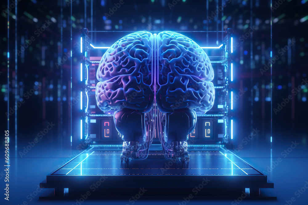 Giant Human Brain As A Supercomputer Core In Futuristic Blue Data