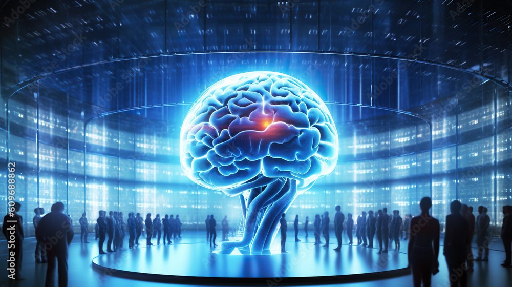 People looking at giant human brain as a supercomputer server in ...