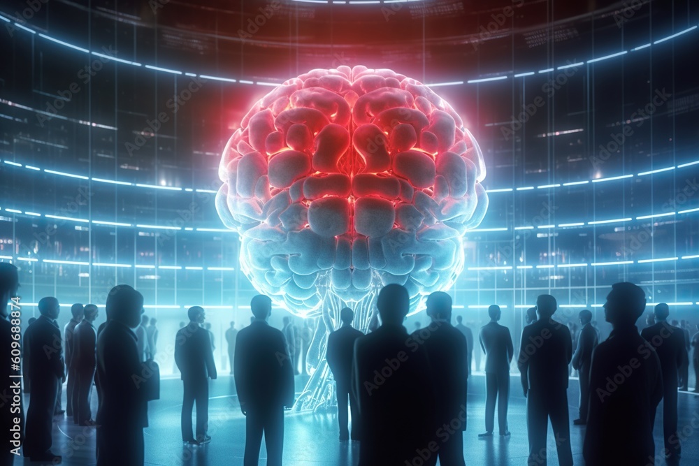 People looking at giant human brain as a supercomputer server in ...