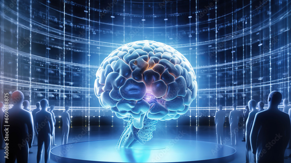 People looking at giant human brain as a supercomputer server in ...