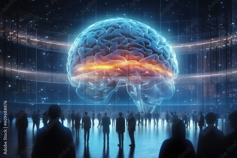 People looking at giant human brain as a supercomputer server in ...