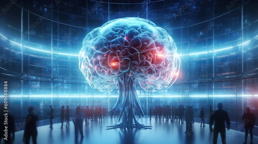 People looking at giant human brain as a supercomputer server with ...