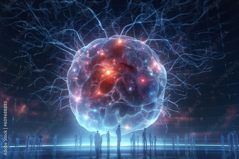 People looking at giant human brain as a supercomputer server with ...