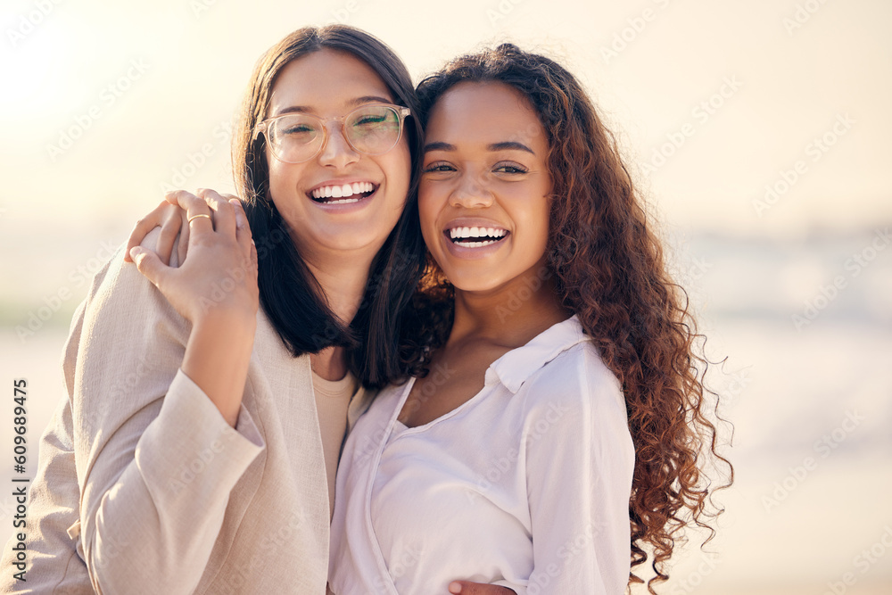 Portrait, lesbian and women hug, beach and love with freedom, equality ...