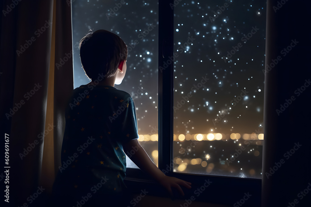 Little boy looking out window into starry night sky, Generative AI ...