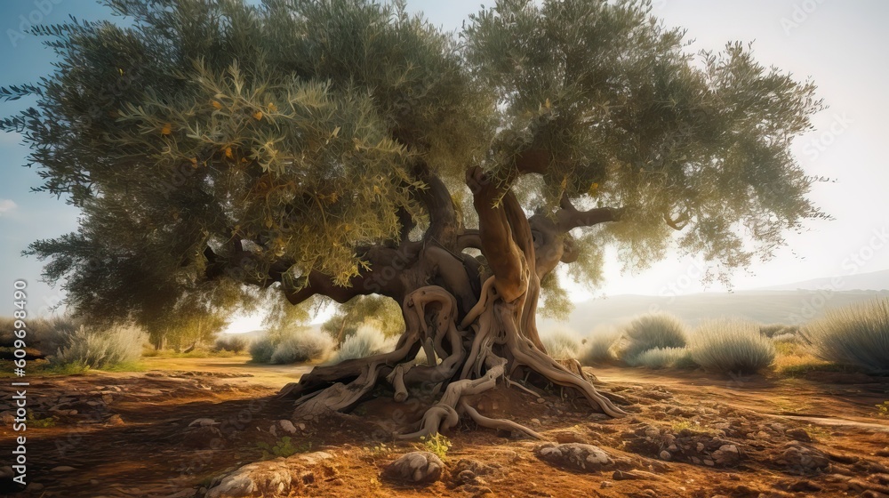 Illustration of a large and interesting olive tree in its natural ...