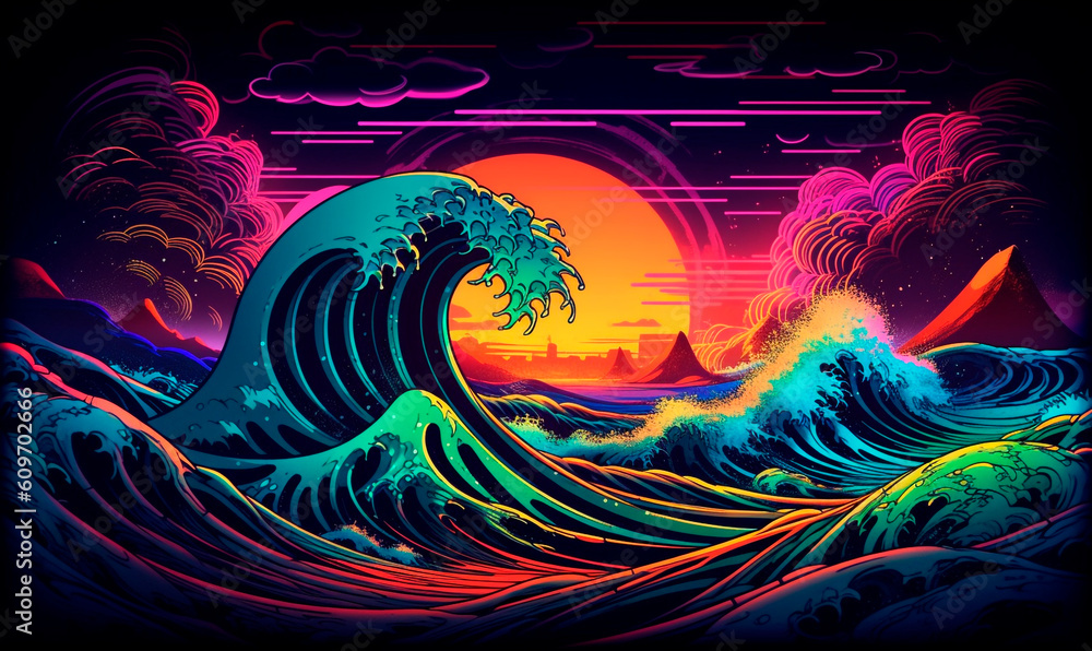Synthwave neon big wave splash background. Night ocean landscape with ...