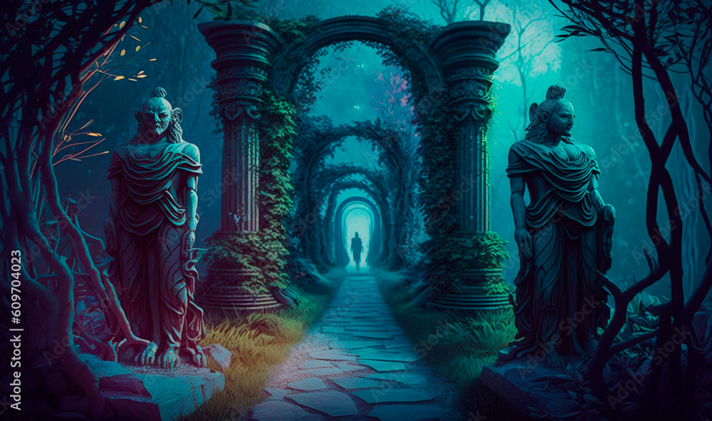 Mythical statues on abandoned road background. Path to ancient temple ...