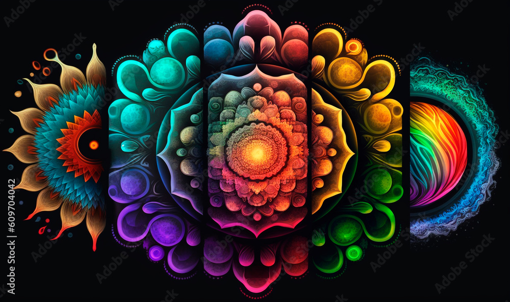 Psychedelic mystical mandala background. Colorful 3d circles of ...