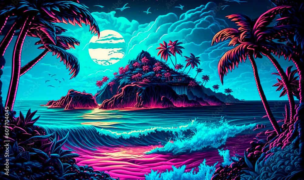 Synthwave island with neon waves and clouds background. Twilight 3d nighttime vaporwave ...