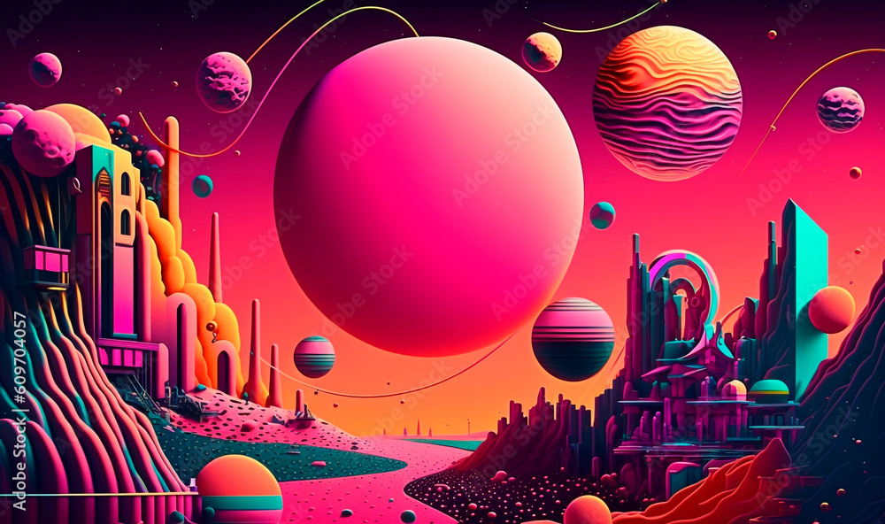 Synthwave landscape futuristic multiverse background. Fantasy 3d castle ...