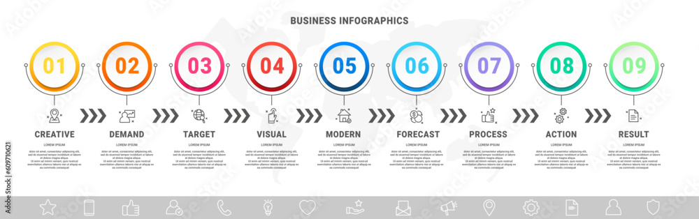 Vector infographics with nine circles. Modern concept graphic process ...