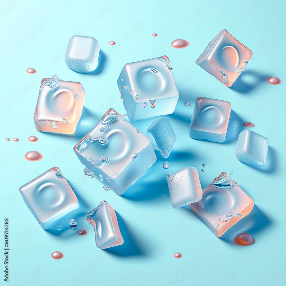 Cool cubes of ice ready to serve with various beverages. Cold square ...