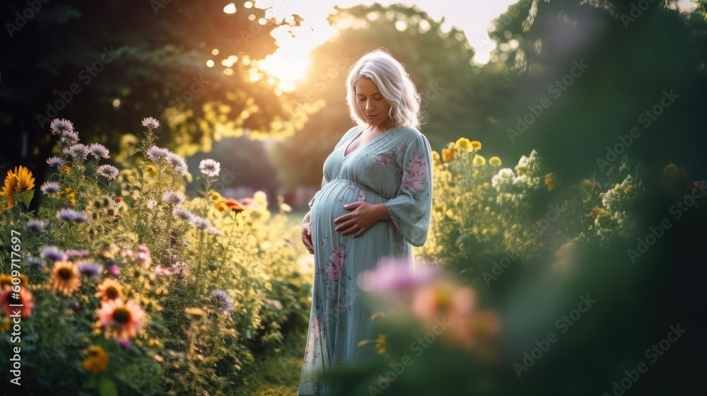 Happy smiling pregnant old woman walking in green park, geriatric ...