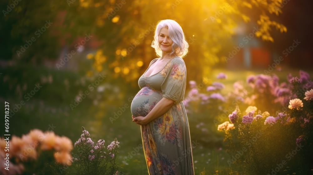 ภาพประกอบสต็อก Happy smiling pregnant old woman walking in green park ...