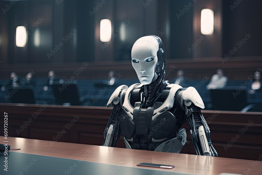 Humanoid robot sitting at the table in a courtroom or law enforcement ...
