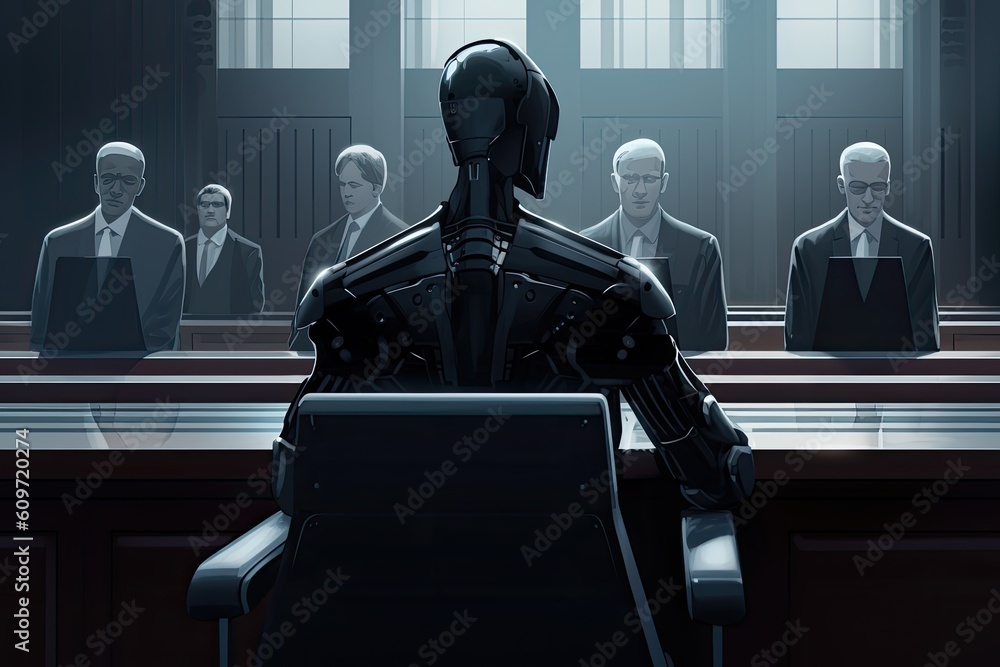 Humanoid robots sitting in a courtroom or law enforcement office. 3D ...