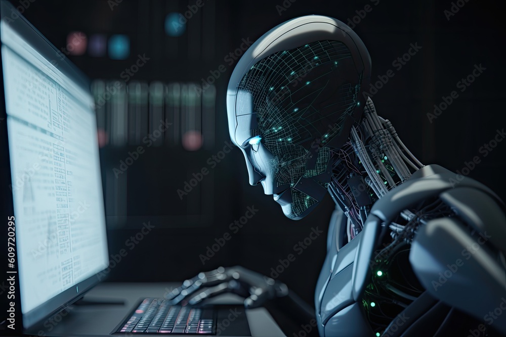 3d rendering male cyborg working with a computer on a dark background, A futuristic AI robot ...