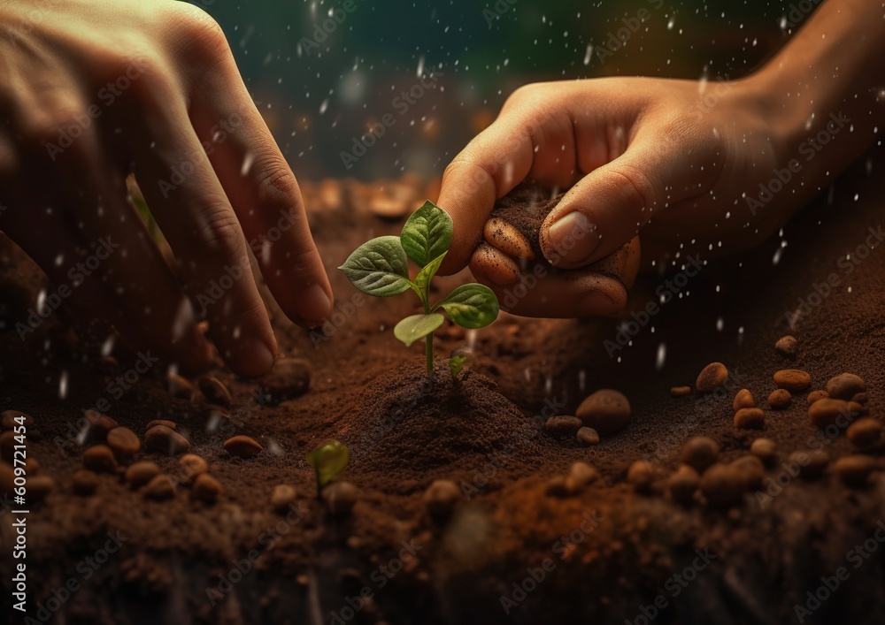 An inspiring image of hands nurturing soil and fostering plant growth. Symbolizing the harmony ...