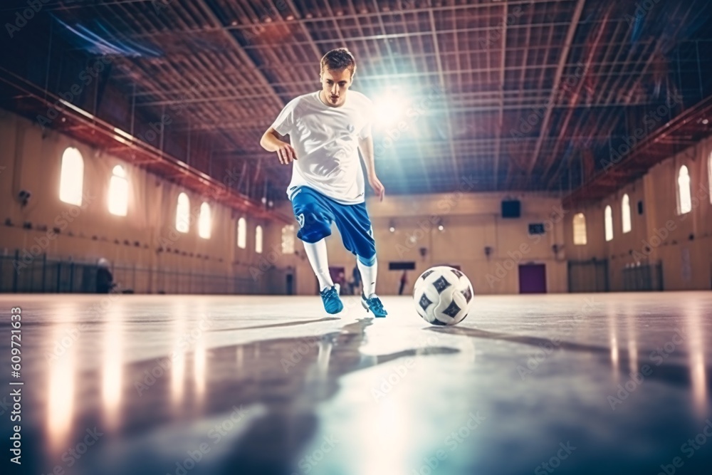 Football futsal player, ball, futsal floor. Sports background. Indoor ...