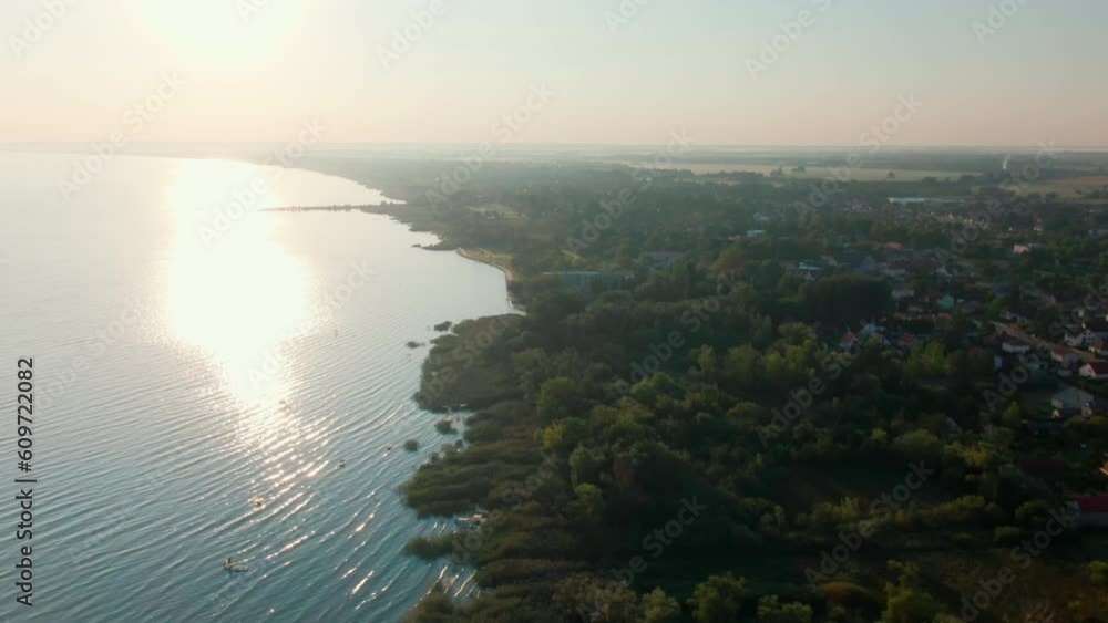 Establishing Drone view of Lake Balaton with Sunshine, Hungary. Aerial ...