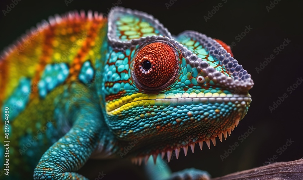 a colorful chamelon sitting on a tree branch in the sun with its mouth ...