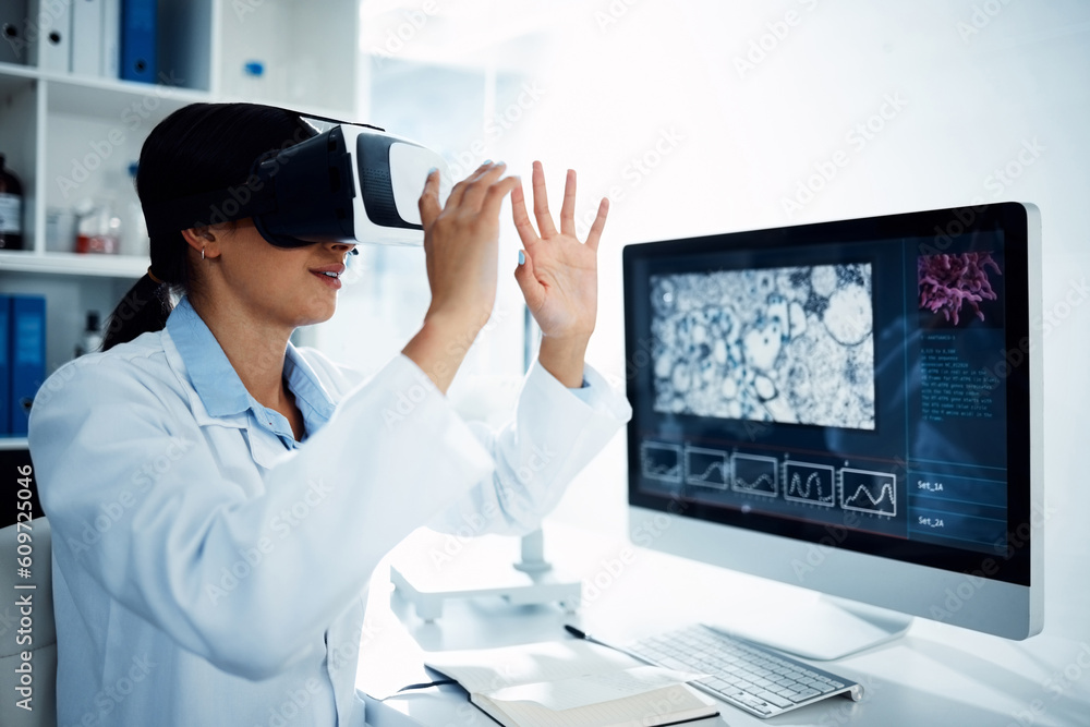Woman, scientist and VR goggles with computer screen, futuristic tech ...