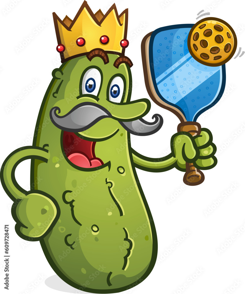 Cartoon pickle king pickle holding a pickleball paddle and ball ready ...