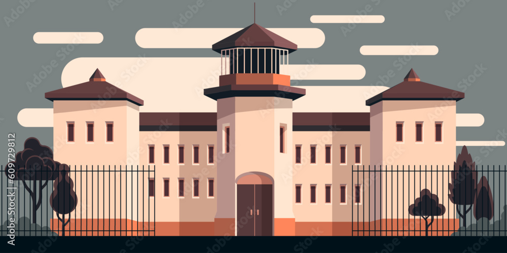 Prison building surrounded by high fence exterior. Architecture outdoor ...