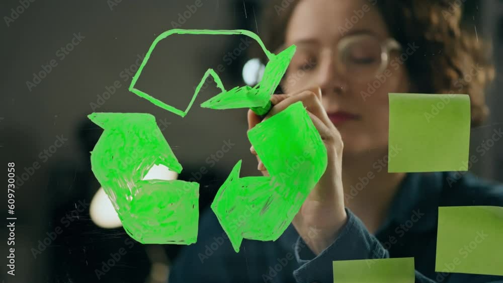 Girl young office worker resuit symbol sign recycling on a transparent ...