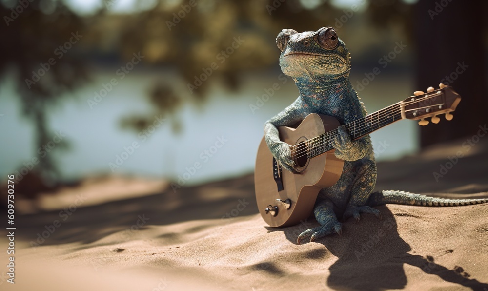 a toy lizard playing a guitar in the sand near a lake or lake in the ...