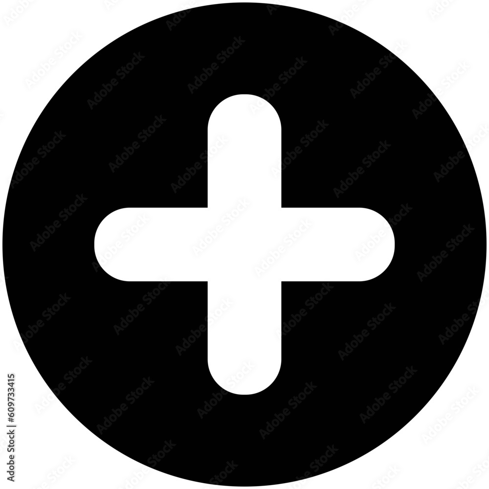 Black single filled round glyph add mark icon, simple math button or ...