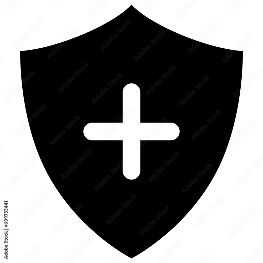 Black single medical shield icon, simple immune system badge flat ...