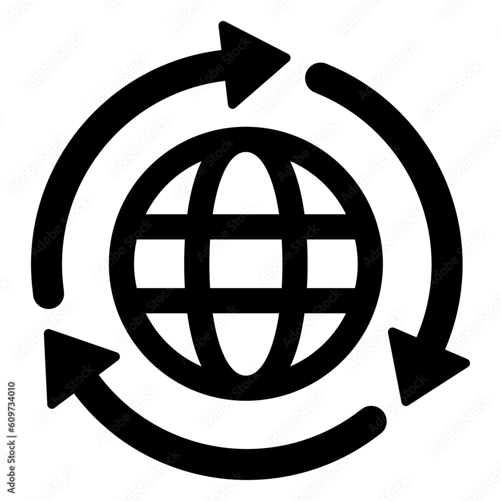 Black round globe with sync arrow path line icon, simple flat design ...