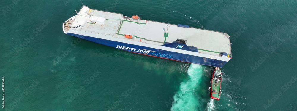 Aerial drone ultra wide photo of Neptune lines RoRo (Roll on-off) car ...