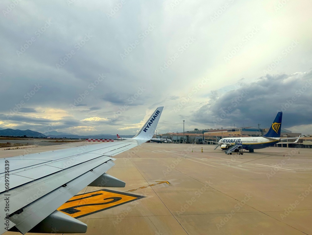 Fotografia do Stock: View of the wing of a Ryanair plane with the logo ...