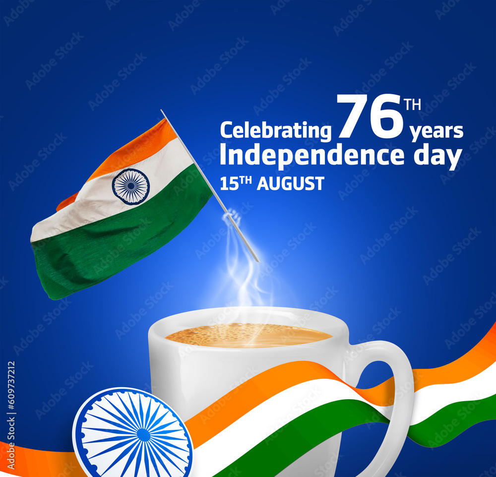 15 august 3d illustration. white cup of smoke with crescent icon. blue ...