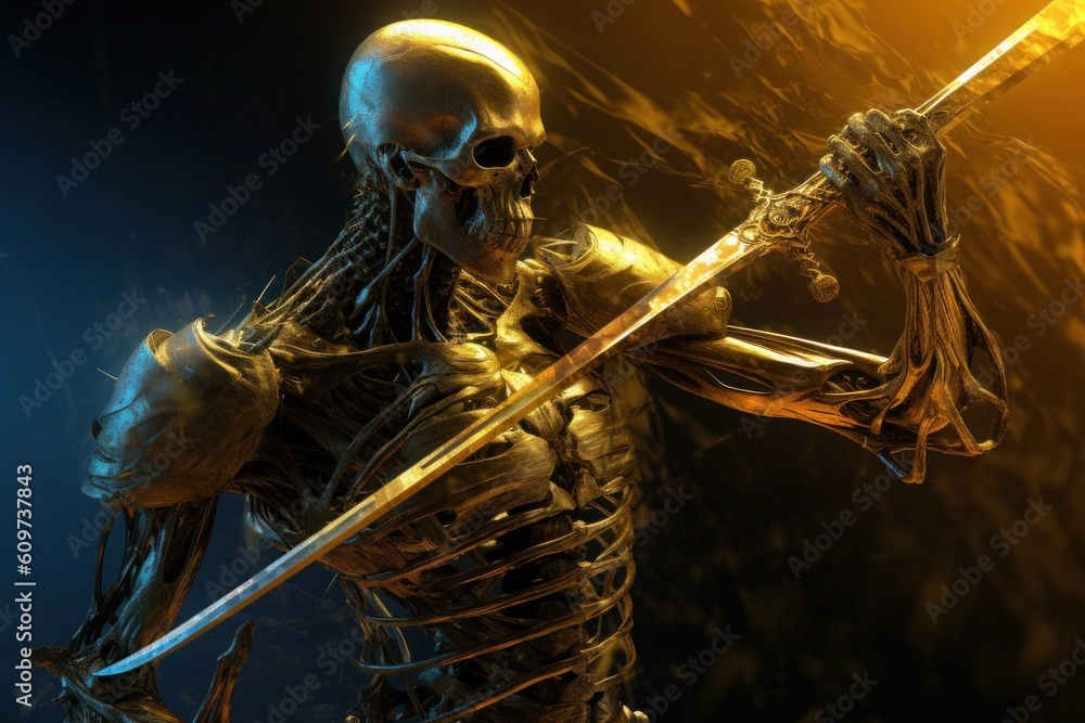 Skeleton holding her golden sword, in the style of realistic hyper ...