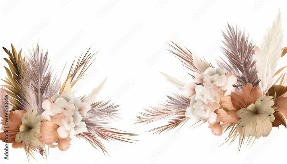 Watercolor boho floral border. Pampas grass corner frame. Palm leaves ...