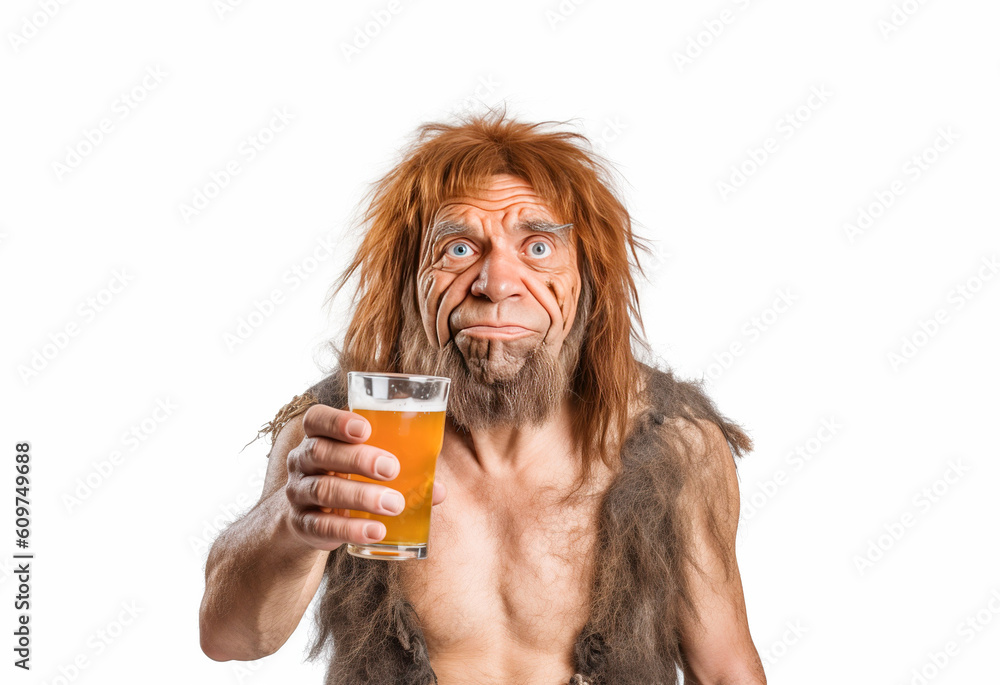 Ancient man drinking beer on a white background, copyspace, Neanderthal ...