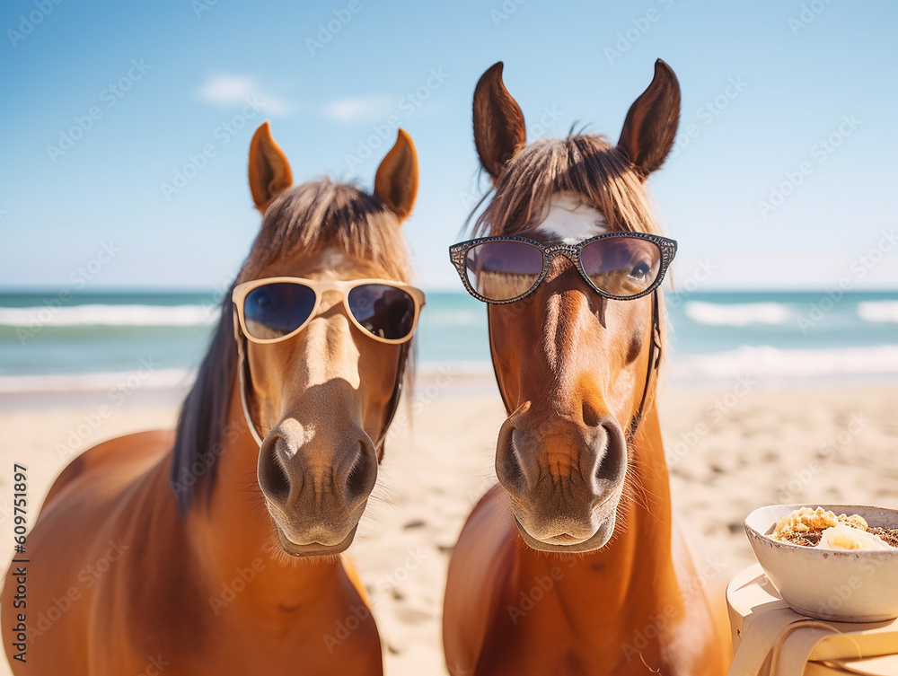 simpatica coppia di cavalli al mare con drink e occhiali da sole ...