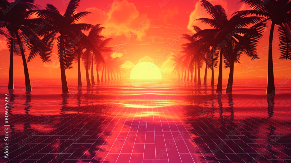 3d sunset on the beach. Retro palms sci fi background with ocean. Sun ...