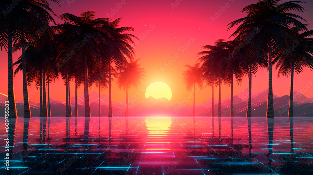 3d sunset on the beach. Retro palms sci fi background with ocean. Sun ...