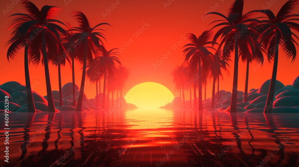 3d sunset on the beach. Retro palms sci fi background with ocean. Sun ...