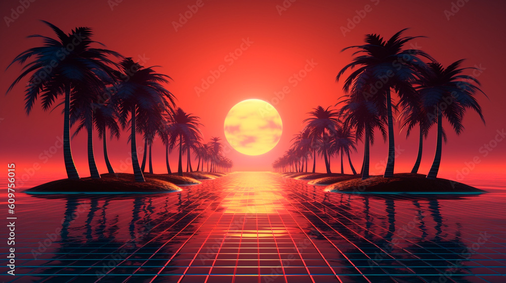 3d sunset on the beach. Retro palms sci fi background with ocean. Sun ...