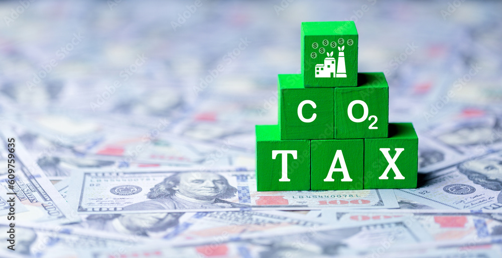Green wooden cubes with CO2 TAX word on US dollars background. Concept ...