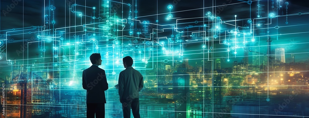 diagrams two men standing front background researcher cad waves energy tech pattern sales wiring ...