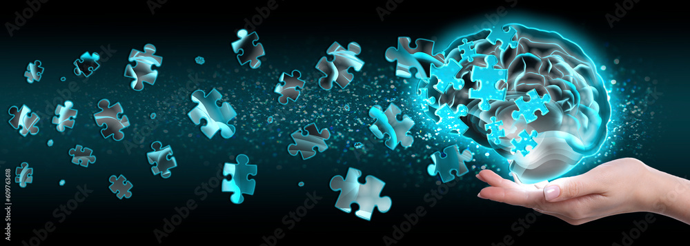 Amnesia. Woman holding illustration of brain with flying out puzzle ...