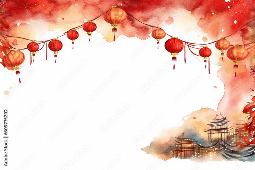 Lunar new Year card background frame, Watercolor illustration with ...